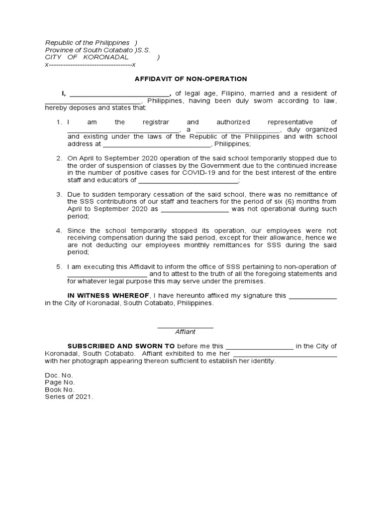 Affidavit of Explanation Non Operation Due To Pandemic For Sss Blank ...
