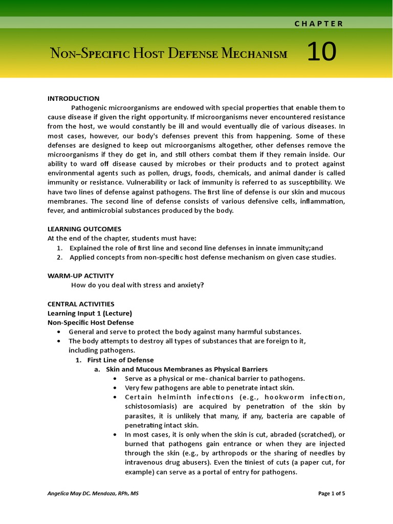 Chapter 10 Non-Specific Host Defense Mechanism | PDF | Immune System ...