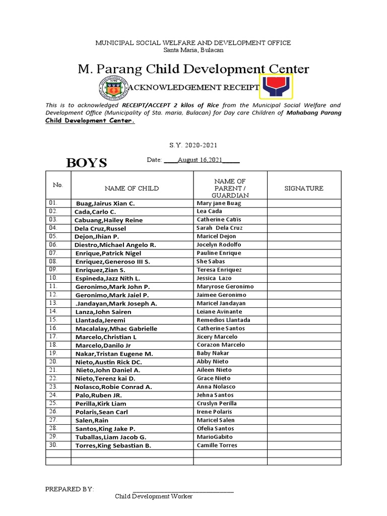 M. Parang Child Development Center: Acknowledgement Receipt | PDF