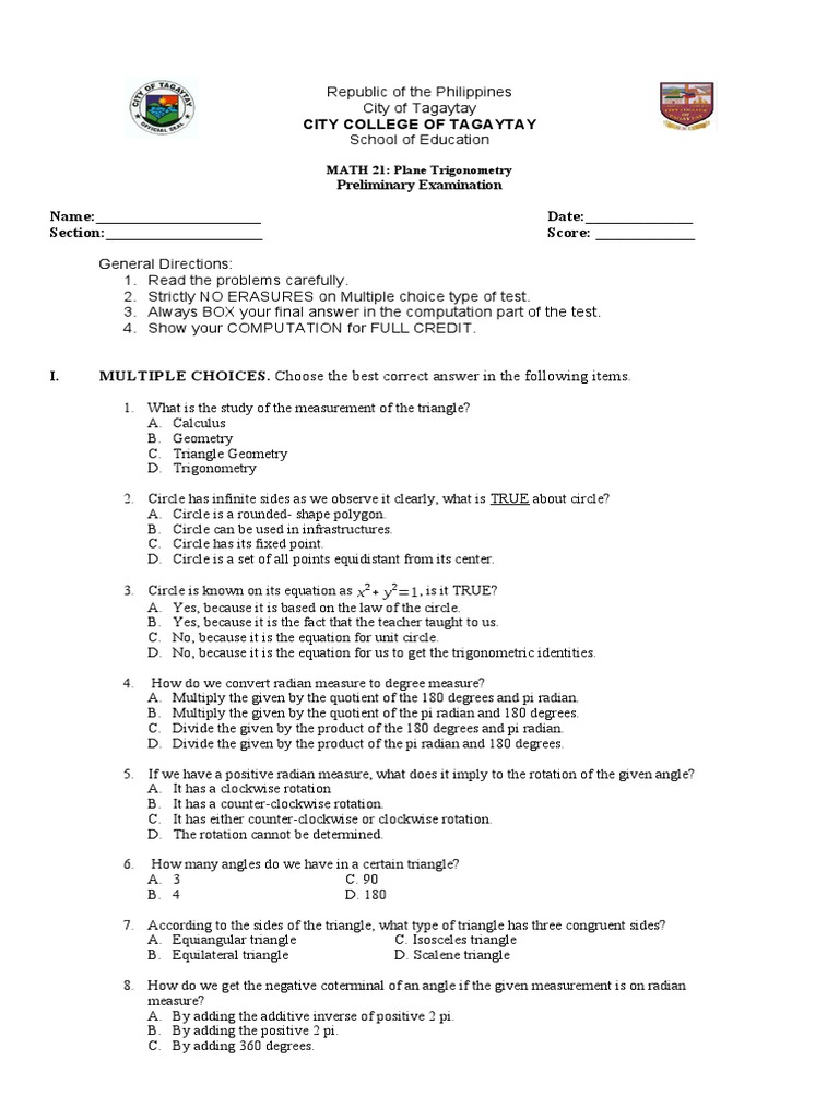 Prelim Trigonometry | PDF | Trigonometric Functions | Triangle