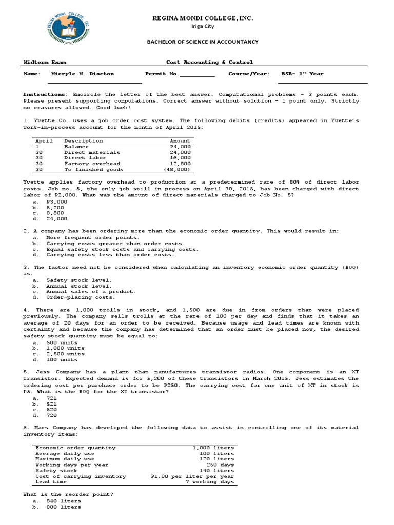Cost Accounting Midterm | PDF | Inventory | Economies