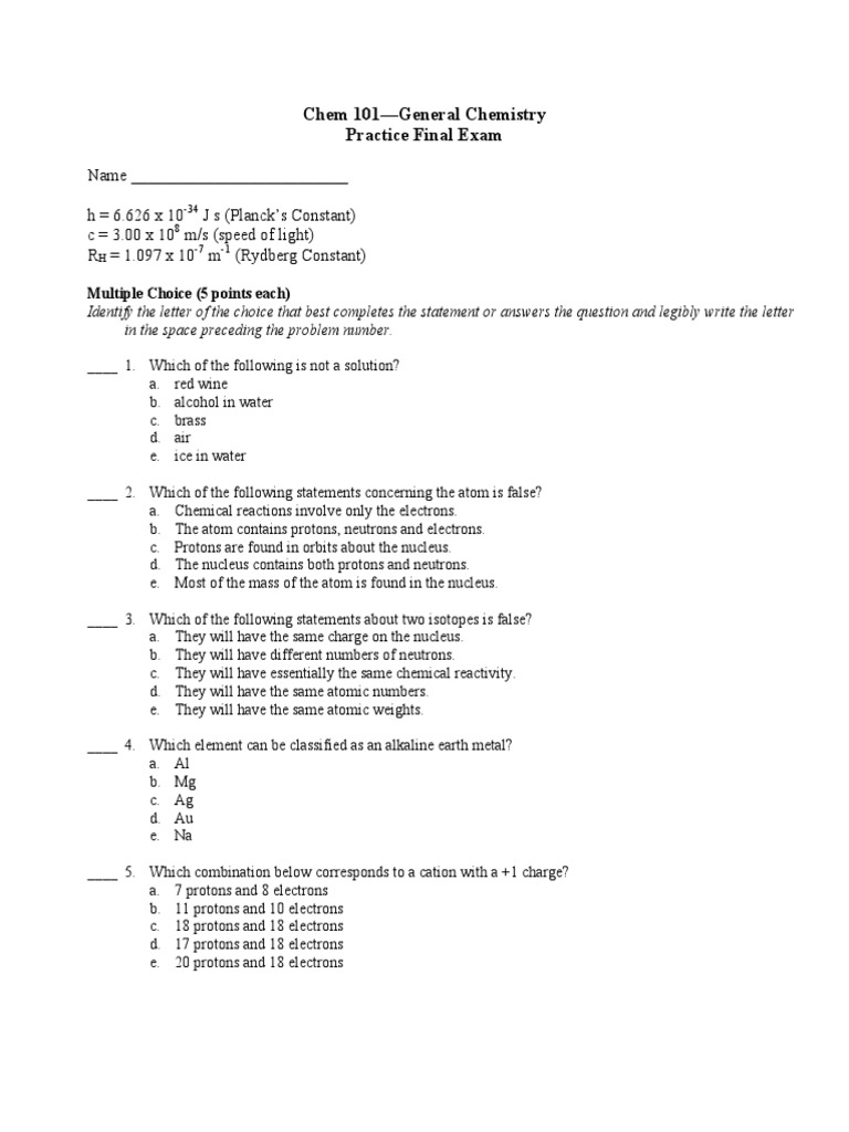 General Chemistry - Practice - Final - Exam | PDF | Proton | Chemical Bond