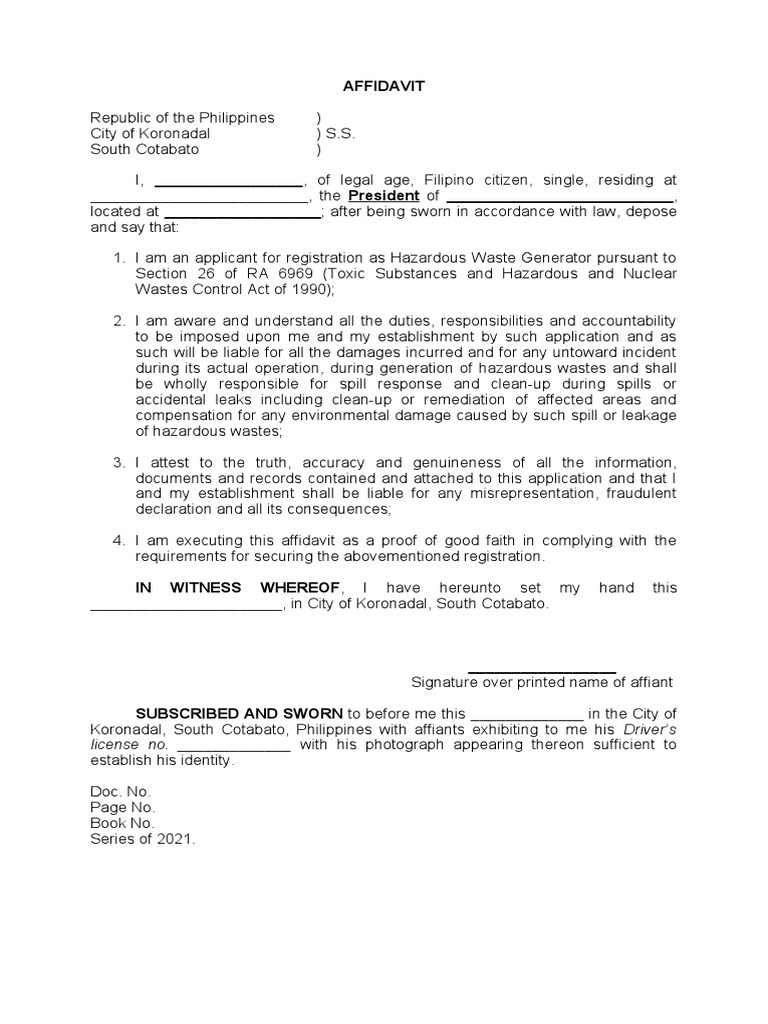 Affidavit Emb Denr Hazardous Waste Blank | PDF