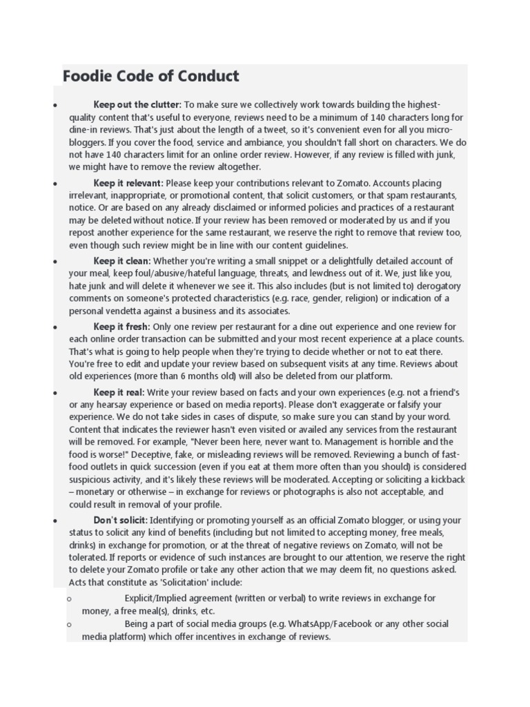 Foodie Code of Conduct | PDF | Restaurants | Blog