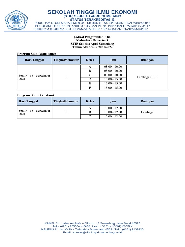 Jadwal Pengambilan Dan Penyerahan Krs Semester 1 | PDF