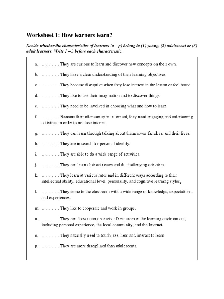 Worksheet 1: How Learners Learn? | PDF | Social Science | Science ...