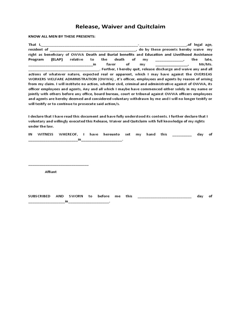OWWA Death Benefits Waiver Form | PDF