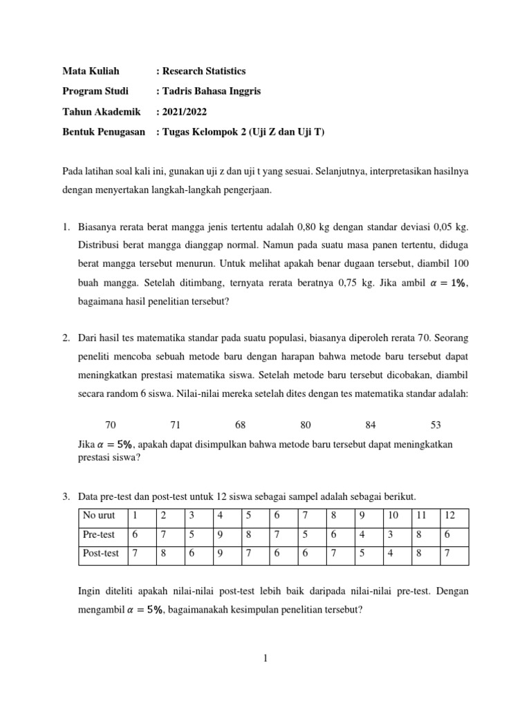Tugas Kelompok 2 Uji Z Dan Uji T Pdf