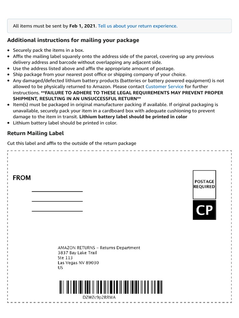 Additional Instructions For Mailing Your Package: All Items Must Be ...