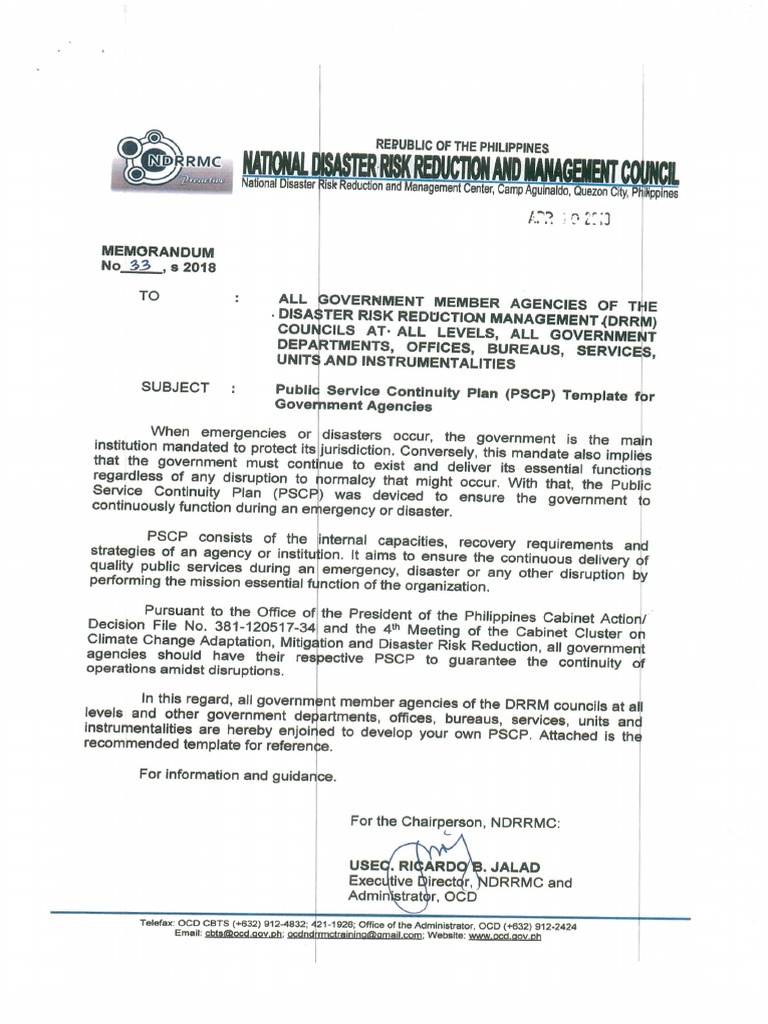 NDRRMC Memo 2018-33 PSCP | PDF