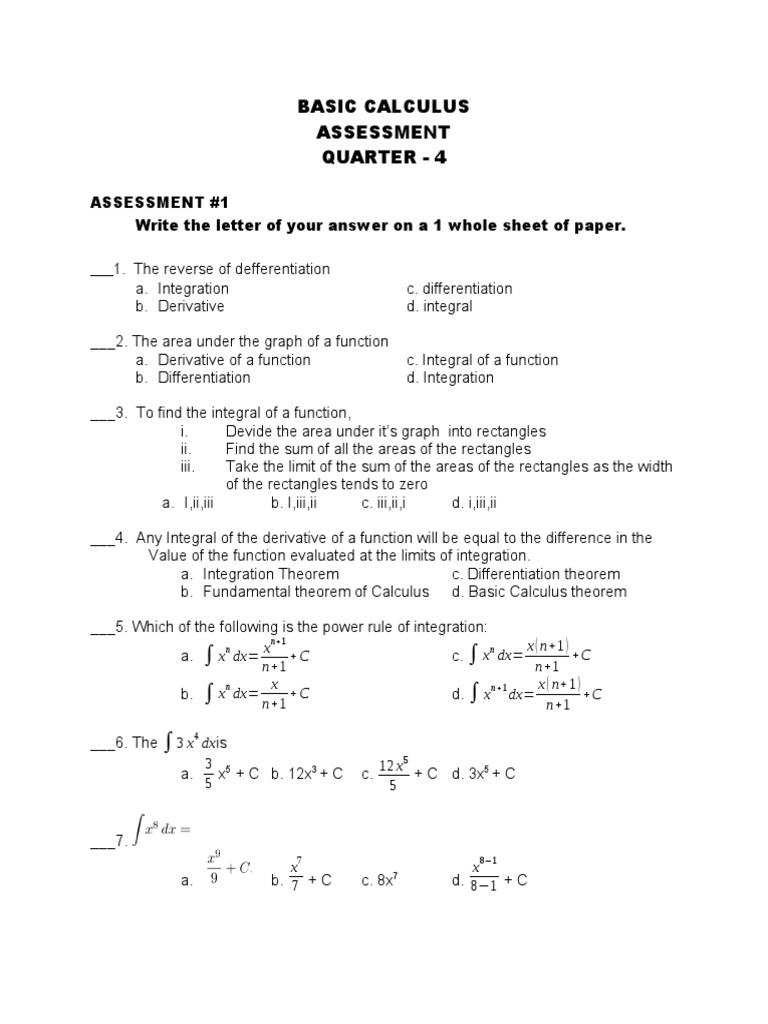 Basic Calculus Assessment Quarter - 4: X DX X n+1 C X DX X (n+1) n+1 C ...