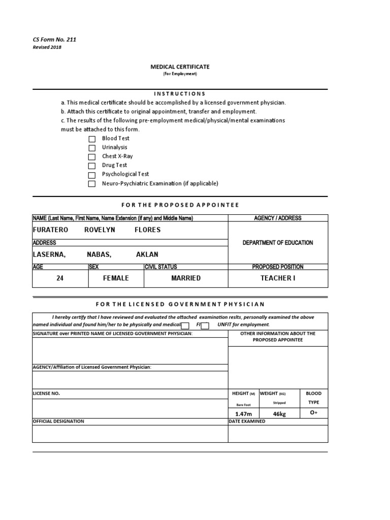 CS Form 211 - Medical Cert. | PDF | Medical Specialties | Clinical Medicine