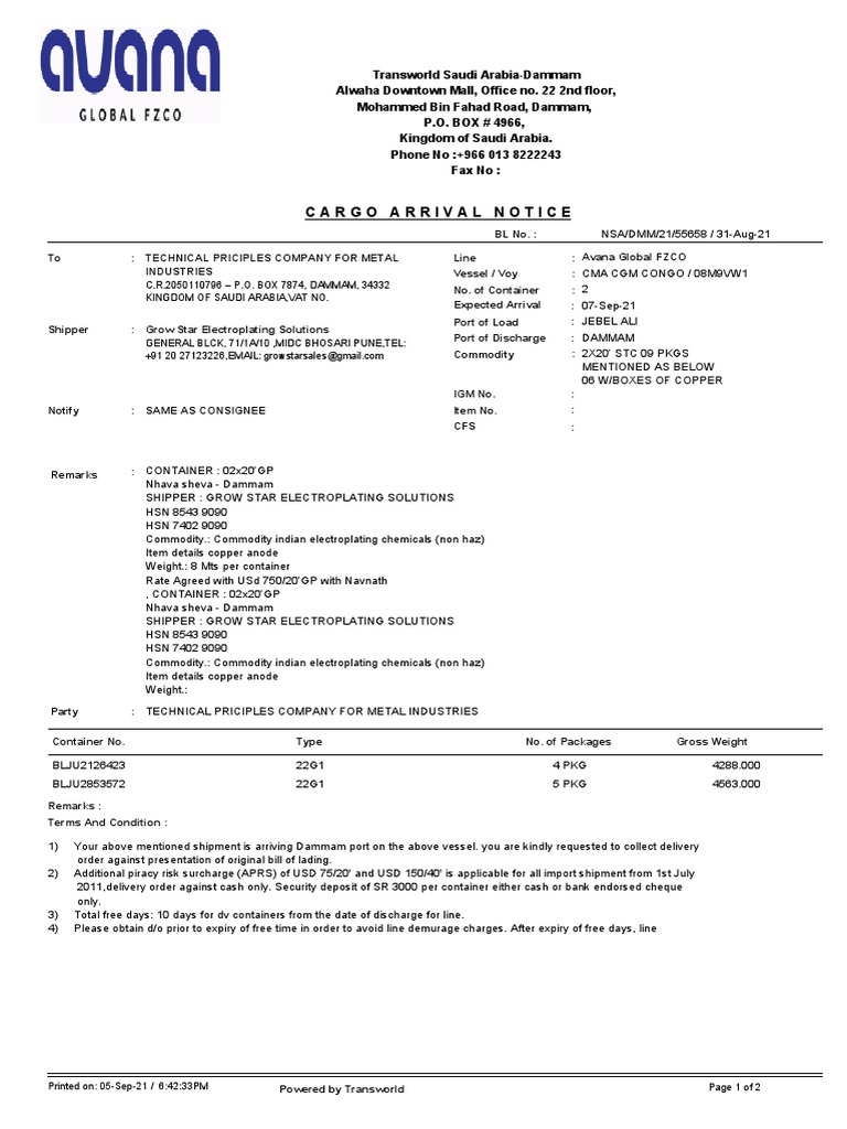 Cargo Arrival Notice 5920243 | PDF | Cargo | Economies