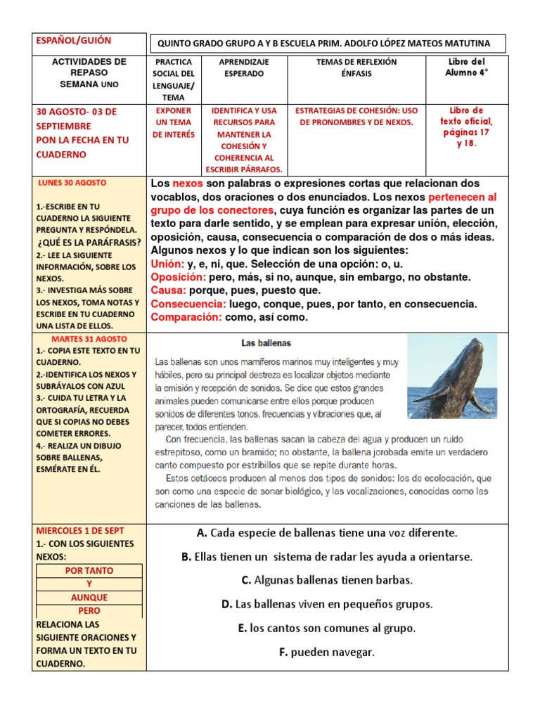 1 Semana Uno Repaso de Español Quinto Grado Bety | PDF