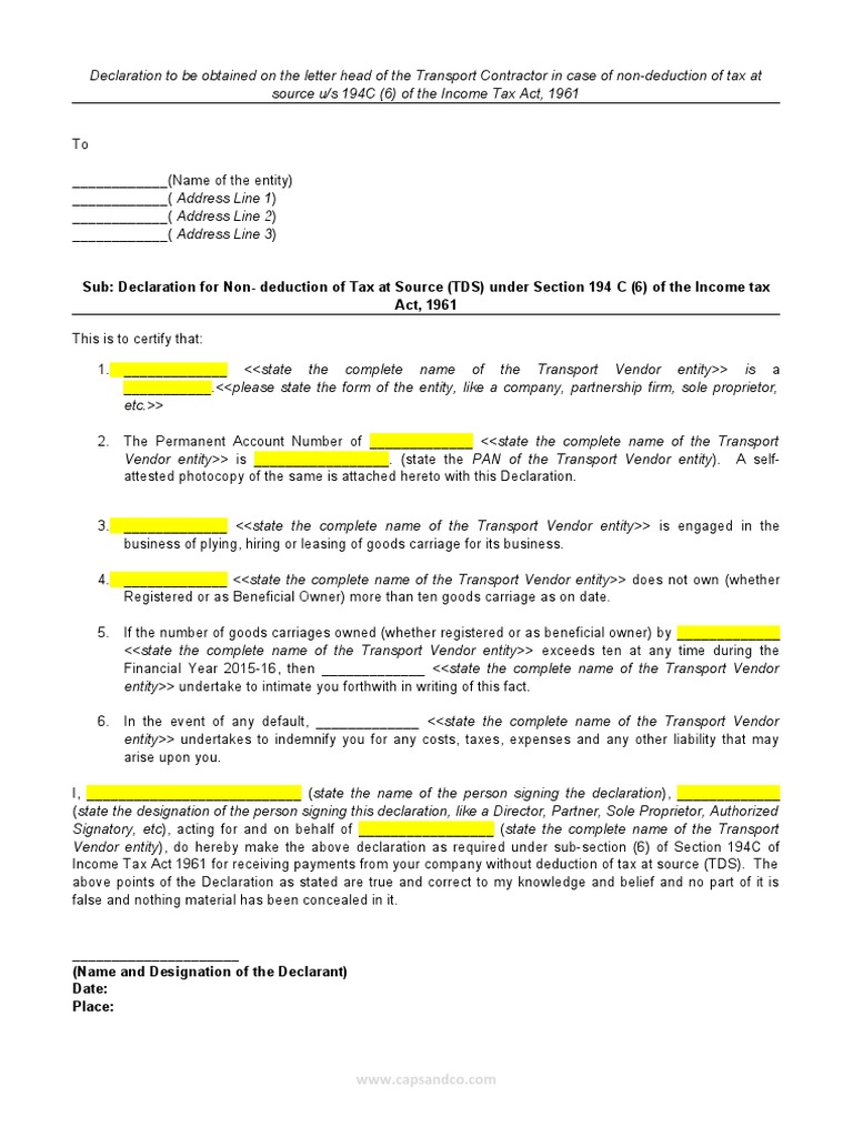 Tds Declaration From Transporter For 194c Pdf Payments Government