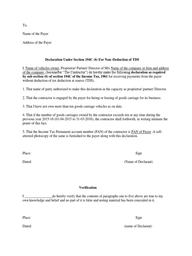 Transporter Declaration Format For Non Deduction of Tds in PDF | PDF