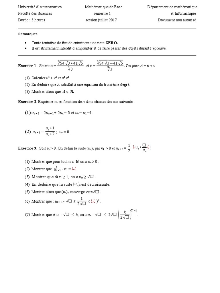 Examen Mathemathique de Base S1 | PDF