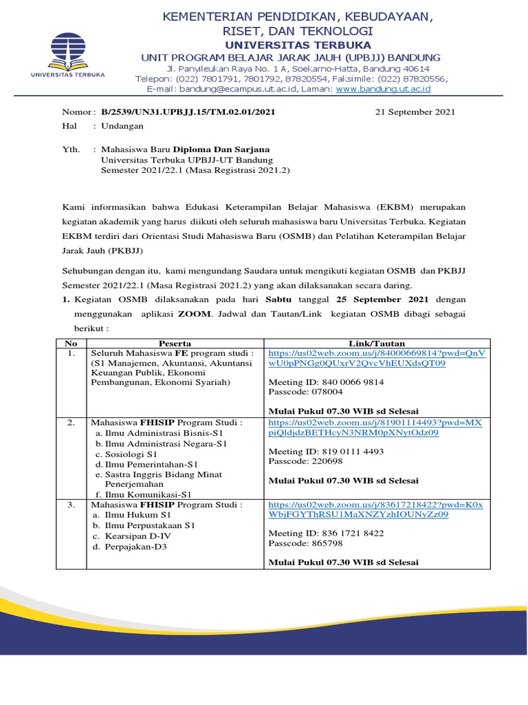 Undangan Osmb Dan PKBJJ Masa Registrasi 20212 | PDF