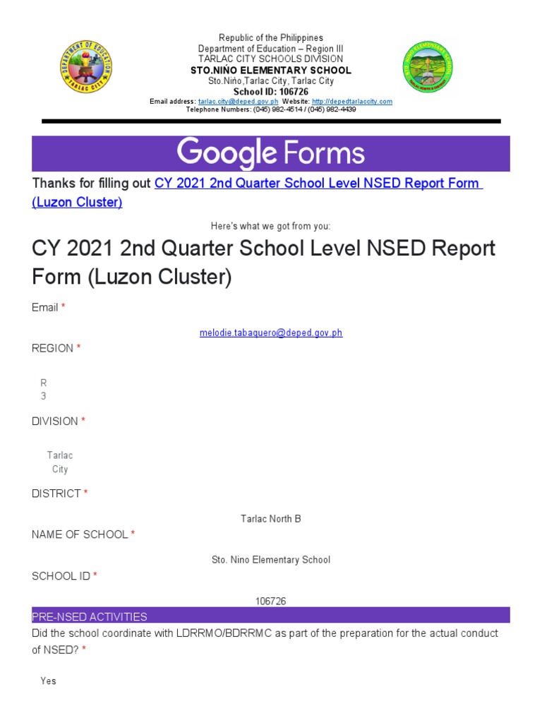 CY 2021 2nd Quarter School Level NSED Report Form (Luzon Cluster) | PDF ...