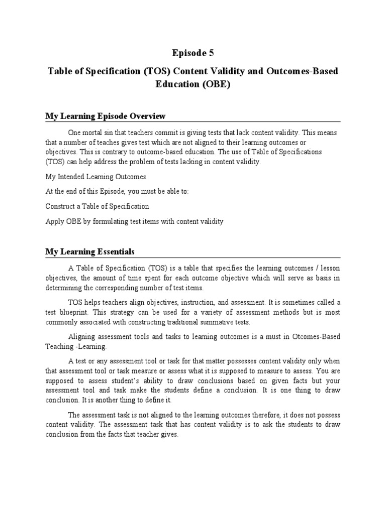 Episode 5 Table of Specification (TOS) Content Validity and Outcomes ...