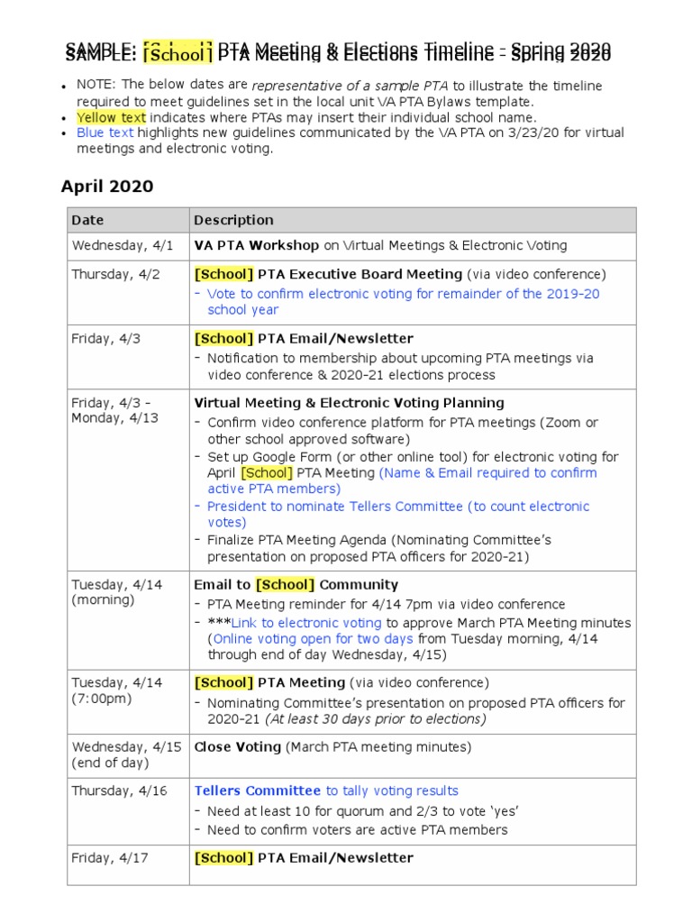 Sample PTA Meeting Elections Timeline Spring 2020 | PDF | Group ...