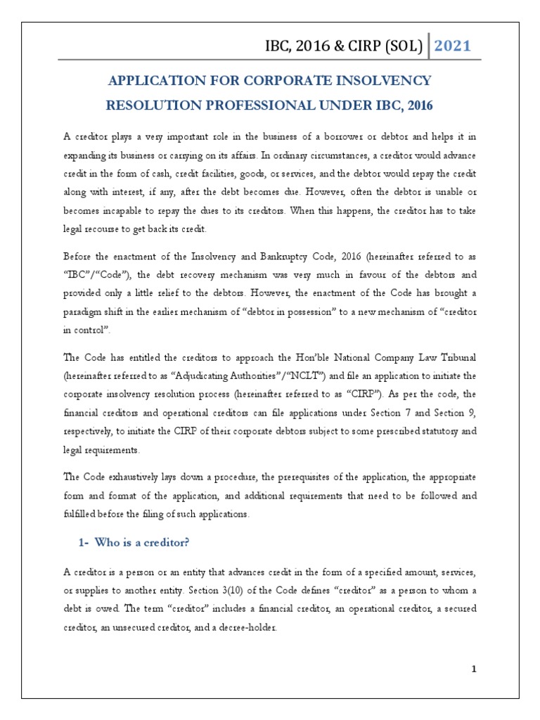 IBC, 2016 & CIRP Application | PDF | Bankruptcy | Debt