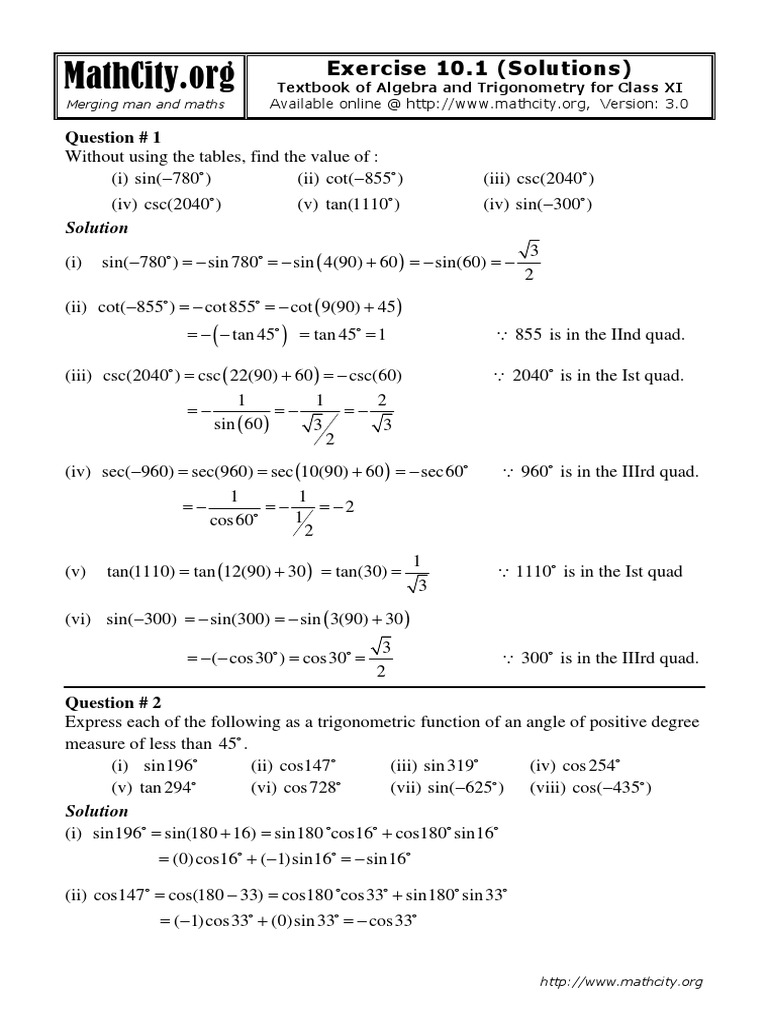 Question # 1: Exercise 10.1 (Solutions) | PDF | Trigonometric Functions ...