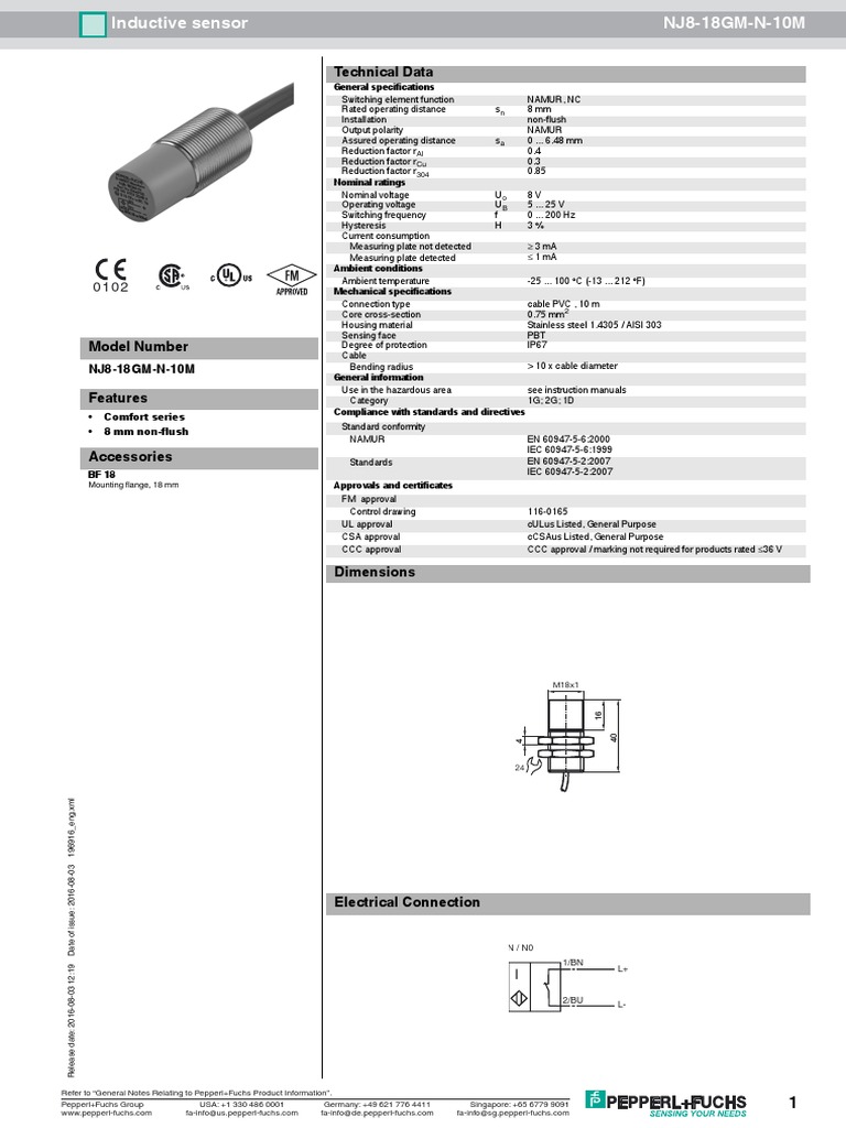 Pepperl - & - Fuchs NJ8 18GM N 10M Datasheet | PDF | Physical Quantities | Electromagnetism