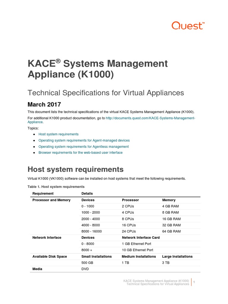 Kace Systems Management Appliance (K1000) : Technical Specifications ...