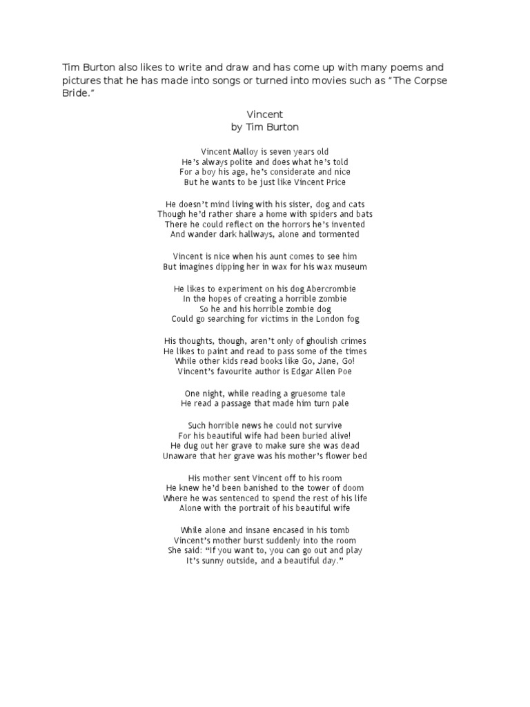 Tim Burton's Vincent Poem | Leisure | Free 30-day Trial | Scribd