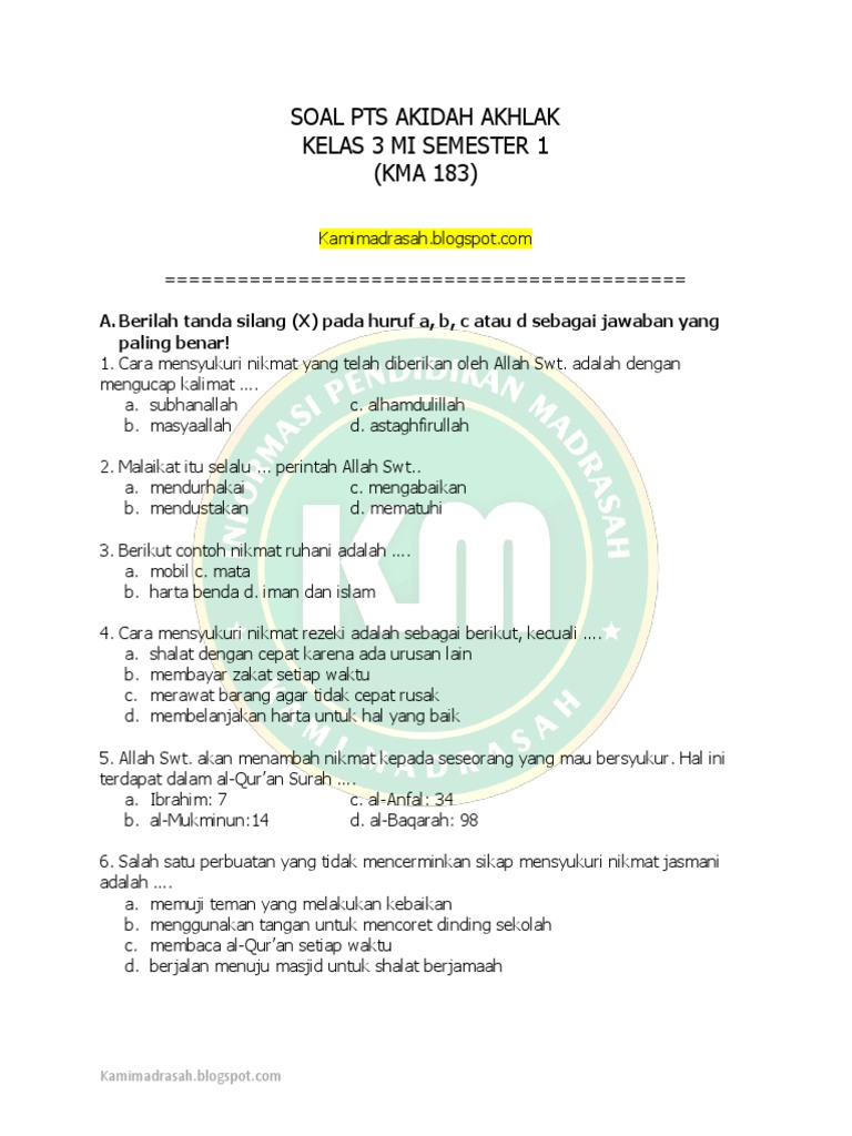 Soal PTS Akidah Akhlak Kelas 3 | PDF
