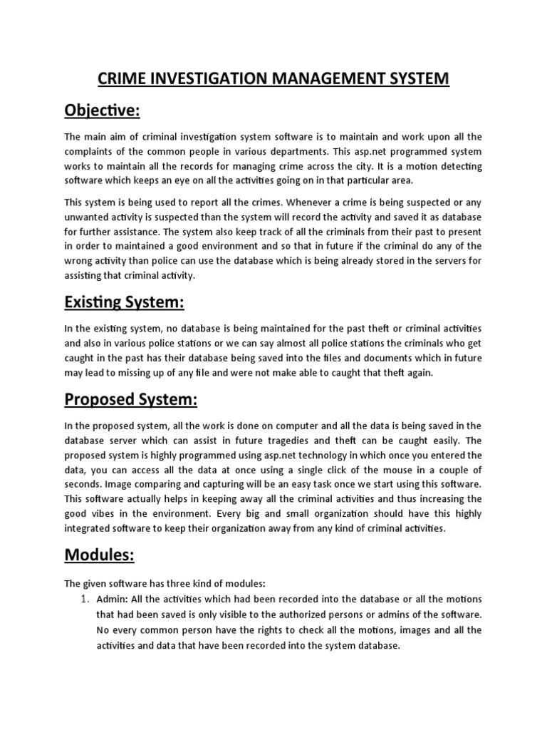 Crime Investigation Management System Abstract | PDF | Databases | Software