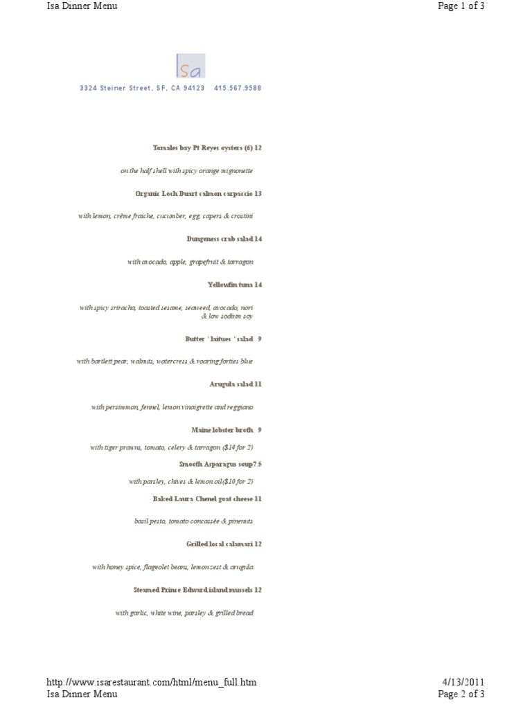 Isa Restaurant Dinner Menu | PDF