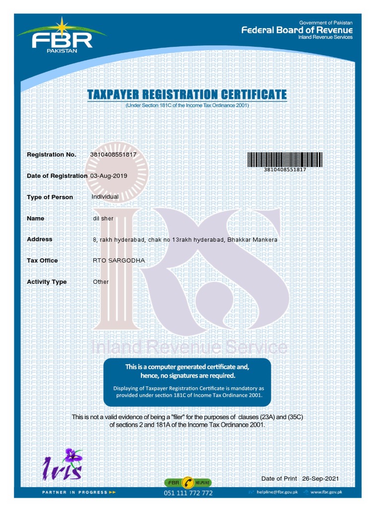 Taxpayer Registration Certificate Details | PDF