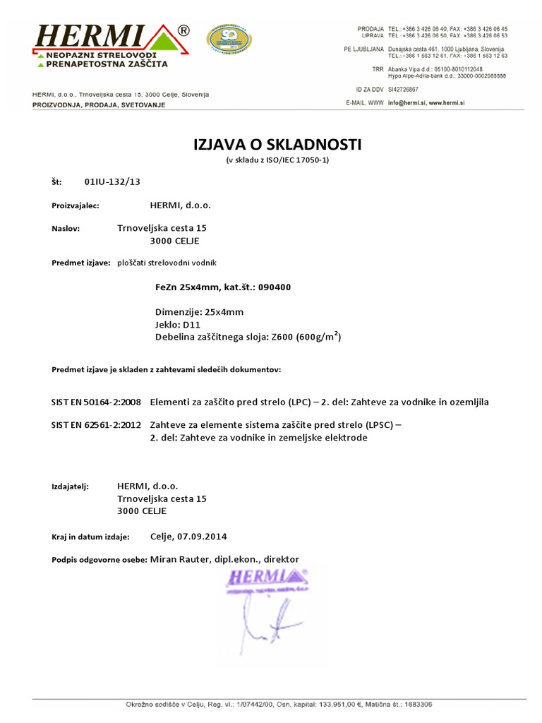 Izjava o Skladnosti Fezn-25x4 MM | PDF