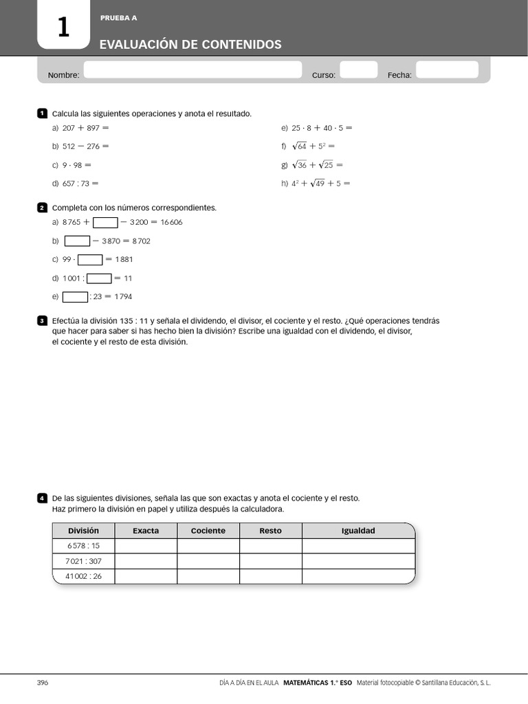 Examen Unidad 1 Matematicas 1 ESO - Santillana | PDF | División (Matemáticas) | Enseñanza de las ...