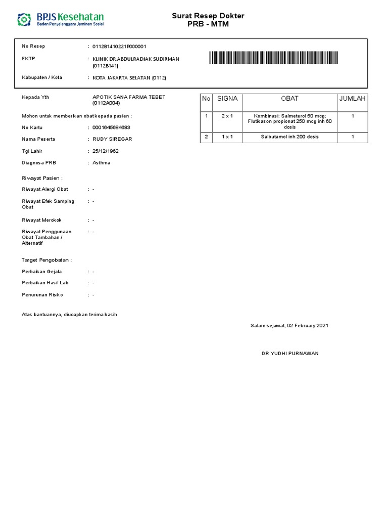 Surat Resep Dokter PRB - MTM: No Signa Obat Jumlah | PDF