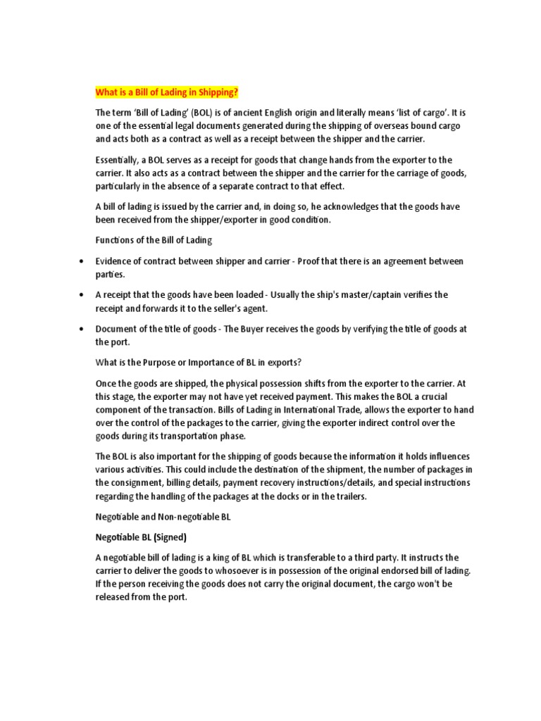 What Is A Bill of Lading in Shipping?: Negotiable BL (Signed) | PDF ...