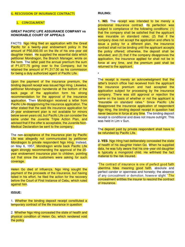 G. Rescisision of Insurance Contracts 1. Concealment: Ruling: 1. NO ...
