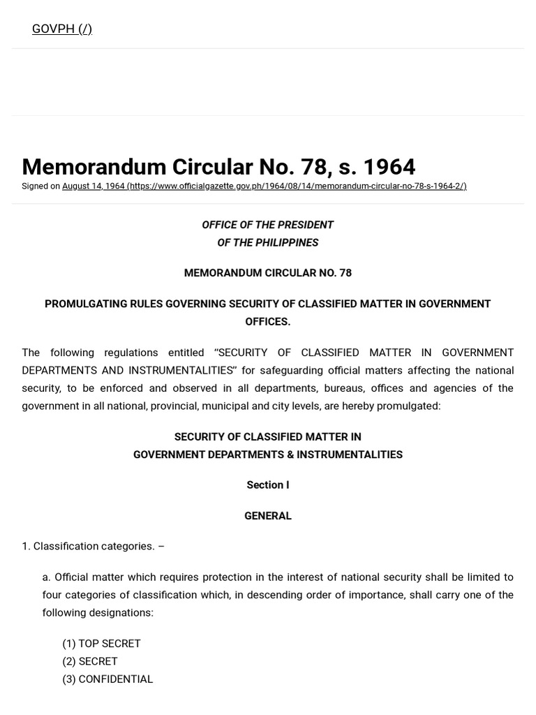 Memorandum Circular No. 78, S. 1964 - Official Gazette of The Republic ...