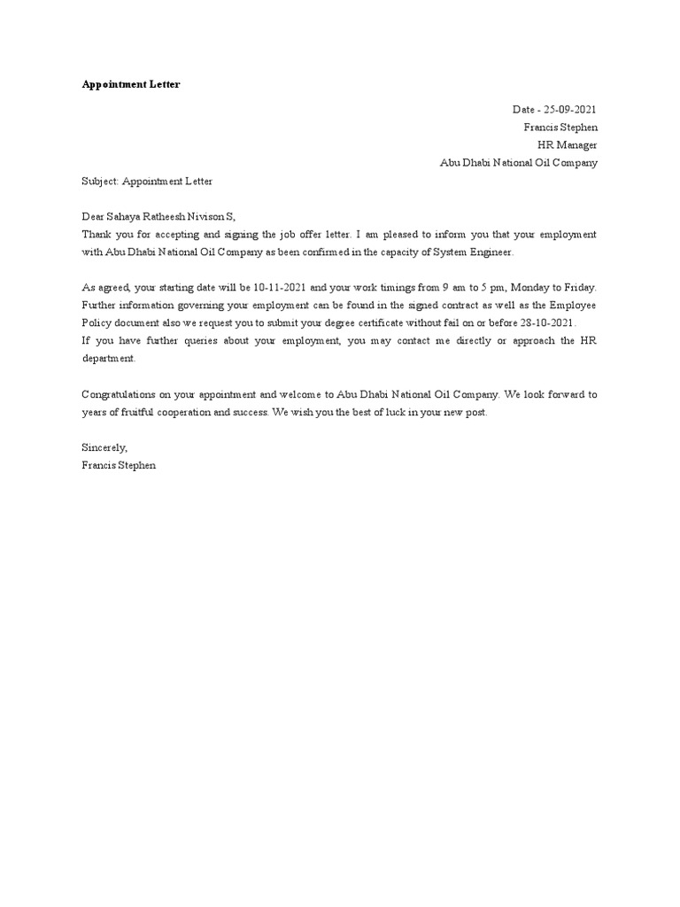 System Engineer Appointment Letter | PDF