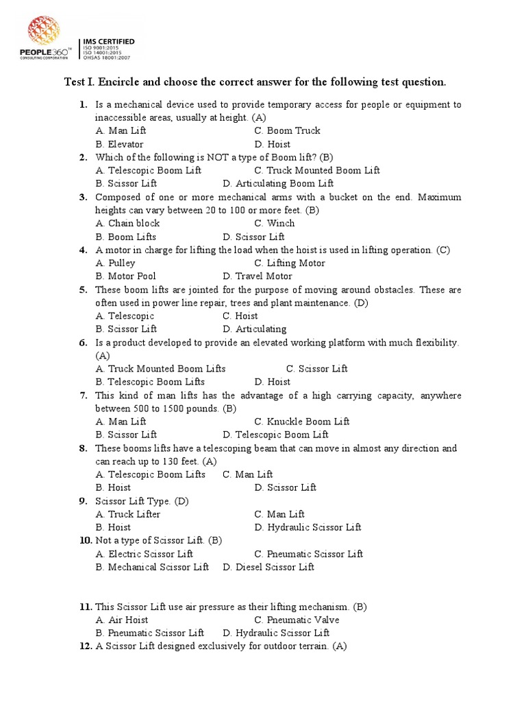 Test I. Encircle and Choose The Correct Answer For The Following Test ...