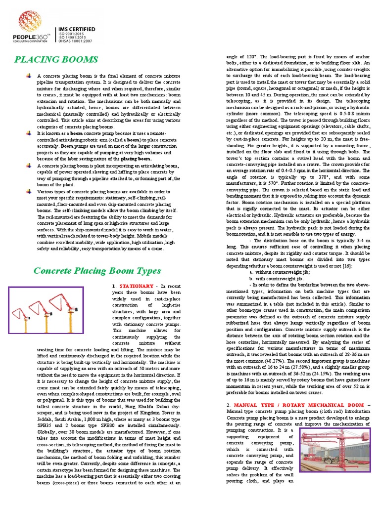 Placing Booms: Stationary | PDF | Crane (Machine) | Pump