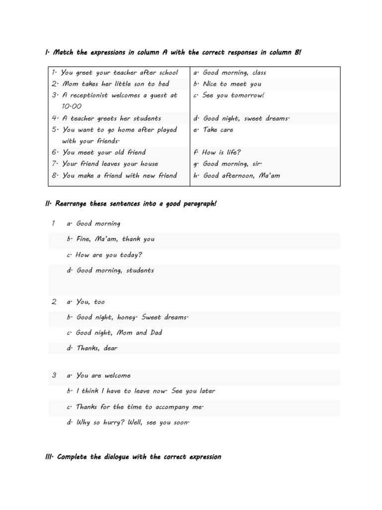 Greeting and Leave Taking Worksheet | PDF