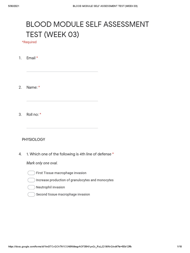 BLOOD MODULE SELF ASSESSMENT TEST (WEEK 03) - Google Forms | PDF ...