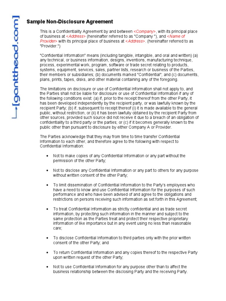 Sample Non-Disclosure Agreement | PDF | Confidentiality | Trade Secret