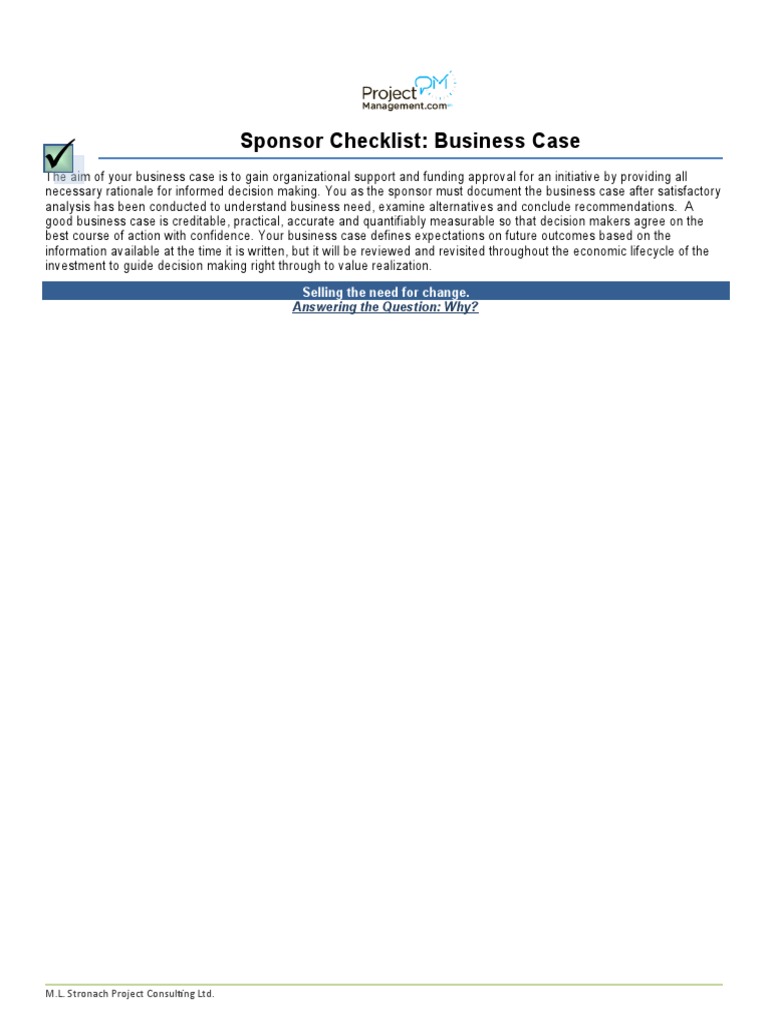 Sponsor Checklist Business Case | PDF | Decision Making | Goal