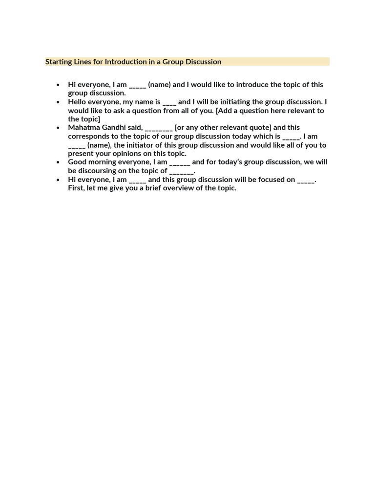 Starting Lines For Introduction in A Group Discussion | PDF