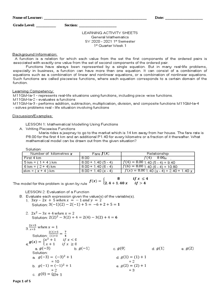 Lesson 1 General Mathematics | PDF | Function (Mathematics) | Equations