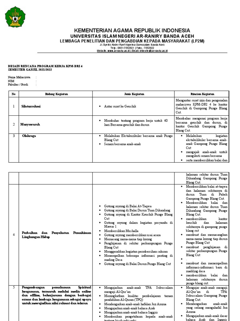 Desain Rencana Program Kerja Kpm-Dri 4 | PDF
